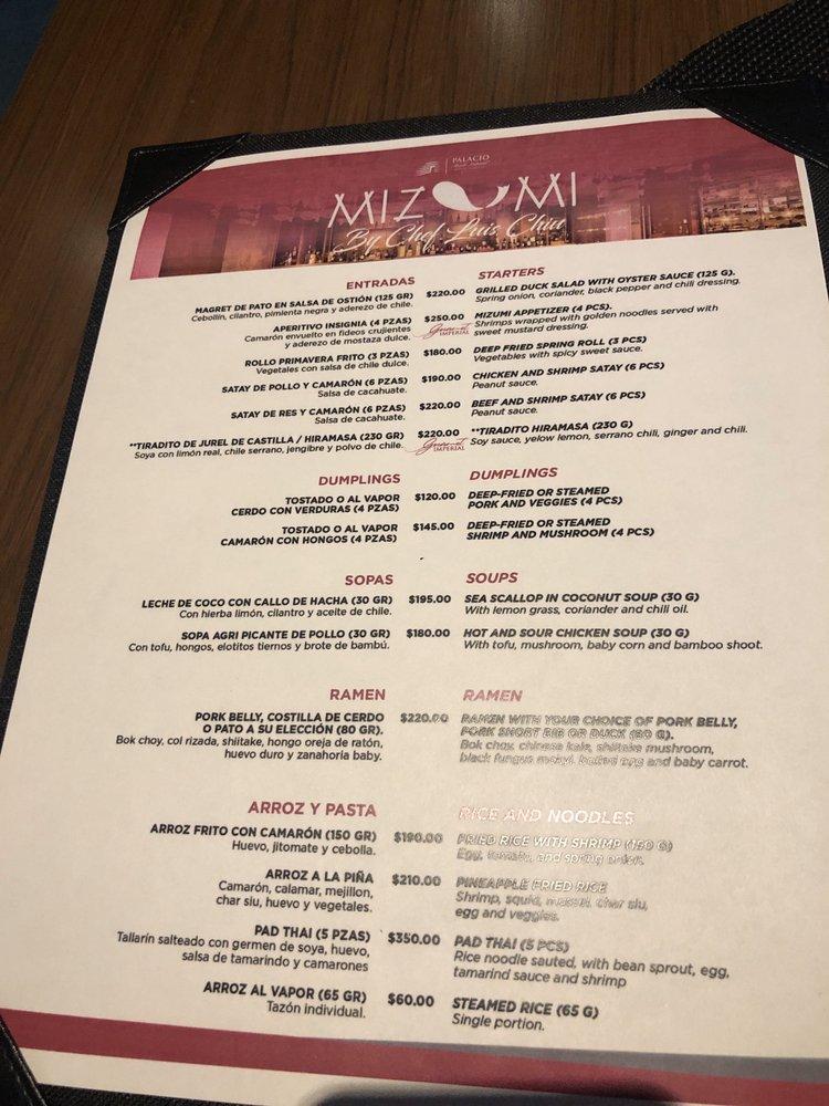 Menu at Mizumi restaurant, Acapulco, Blvd. De Las Naciones s/n
