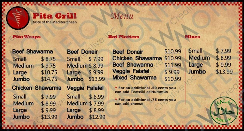 Menu at Pita Grill fast food, Calgary, 18th Street