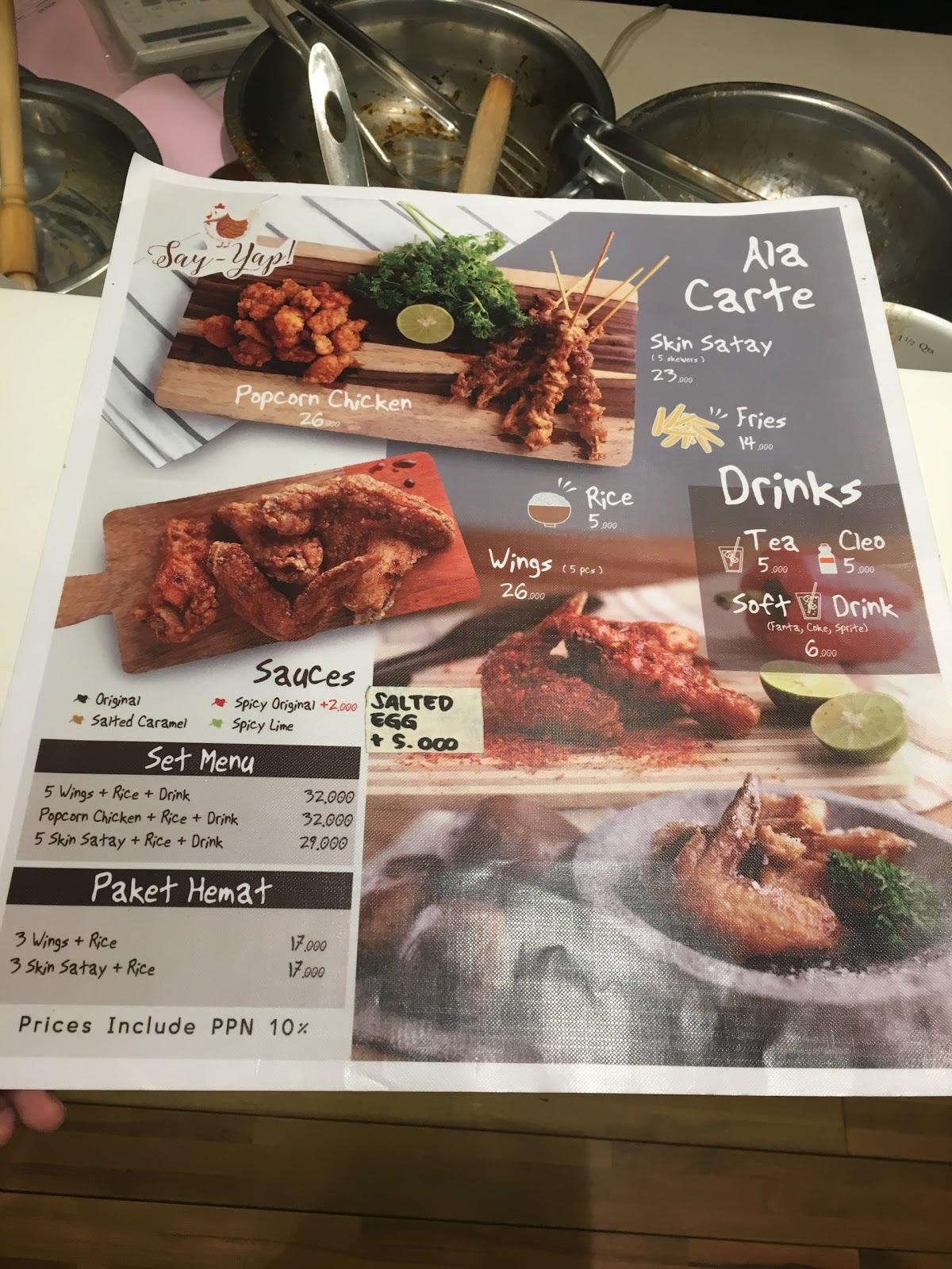 Carta del restaurante Say-Yap!, Malang