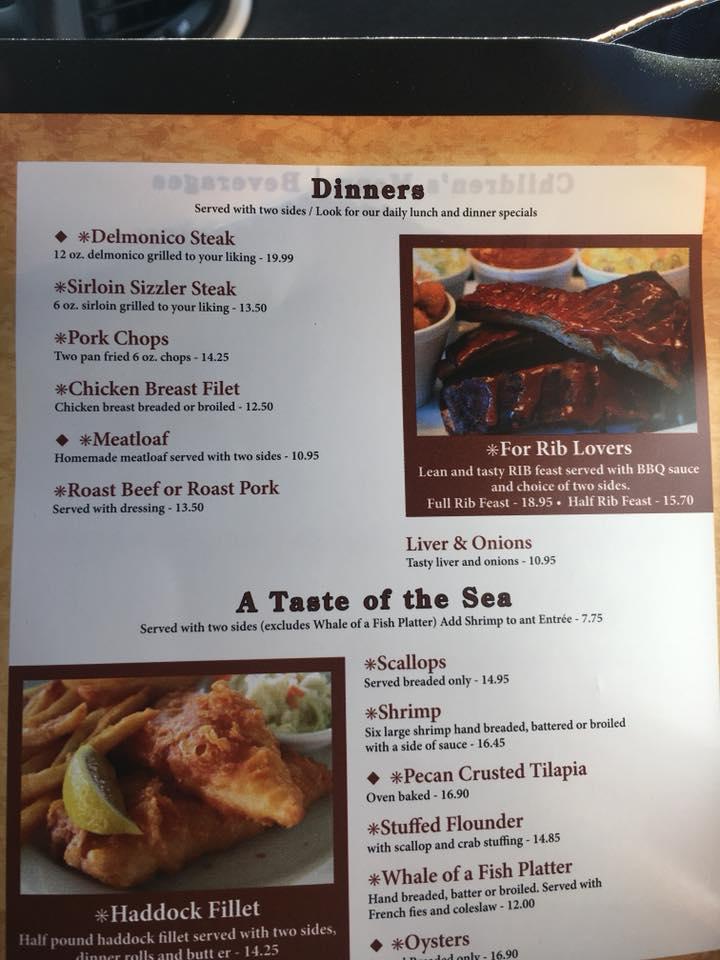 Menu at Zacherl's restaurant, Saxonburg, 180 Butler St