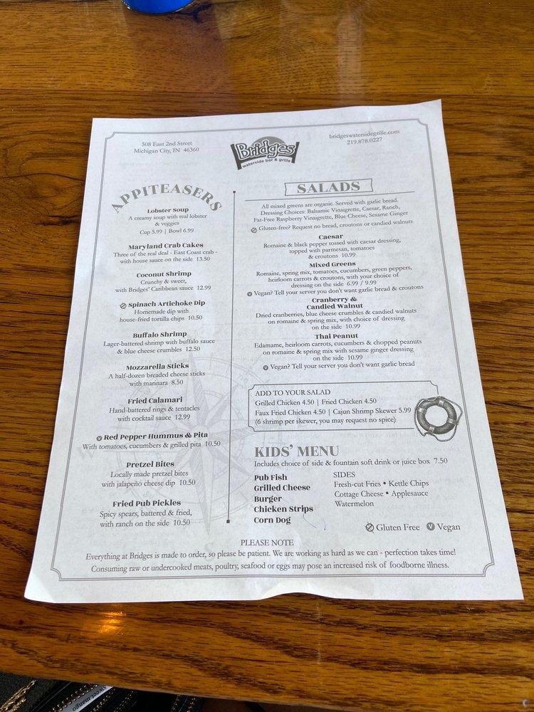 Menu at Bridges Waterside Grille restaurant, Michigan City