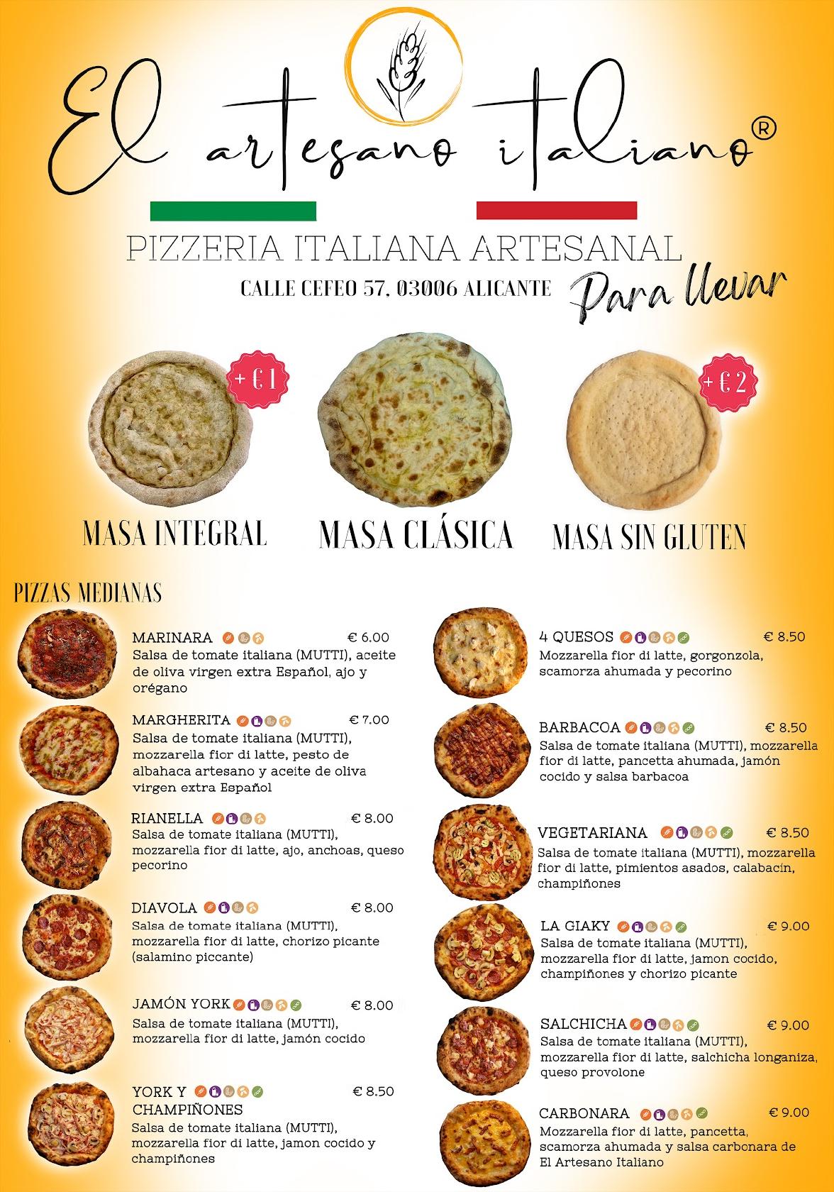 Carta del restaurante El Artesano Italiano, Alicante
