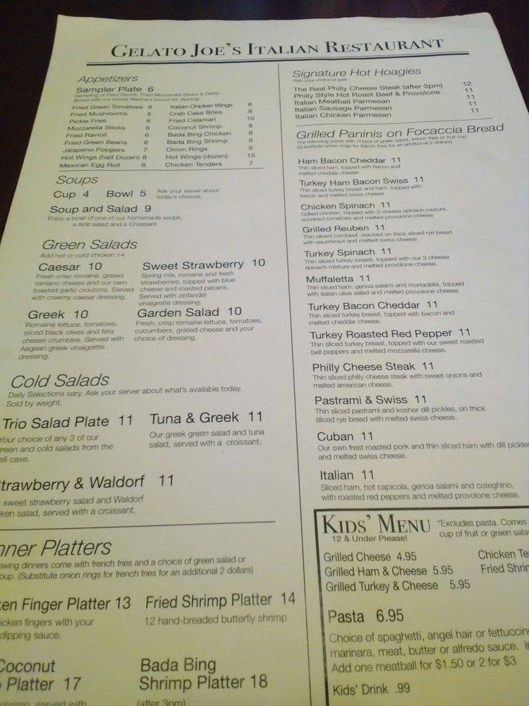 Menu at Gelato Joe's Italian Restaurant & Bar, Foley