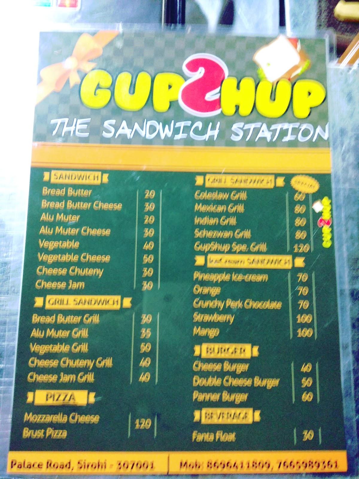 Menu at Gupshup sandwich station, Sirohi