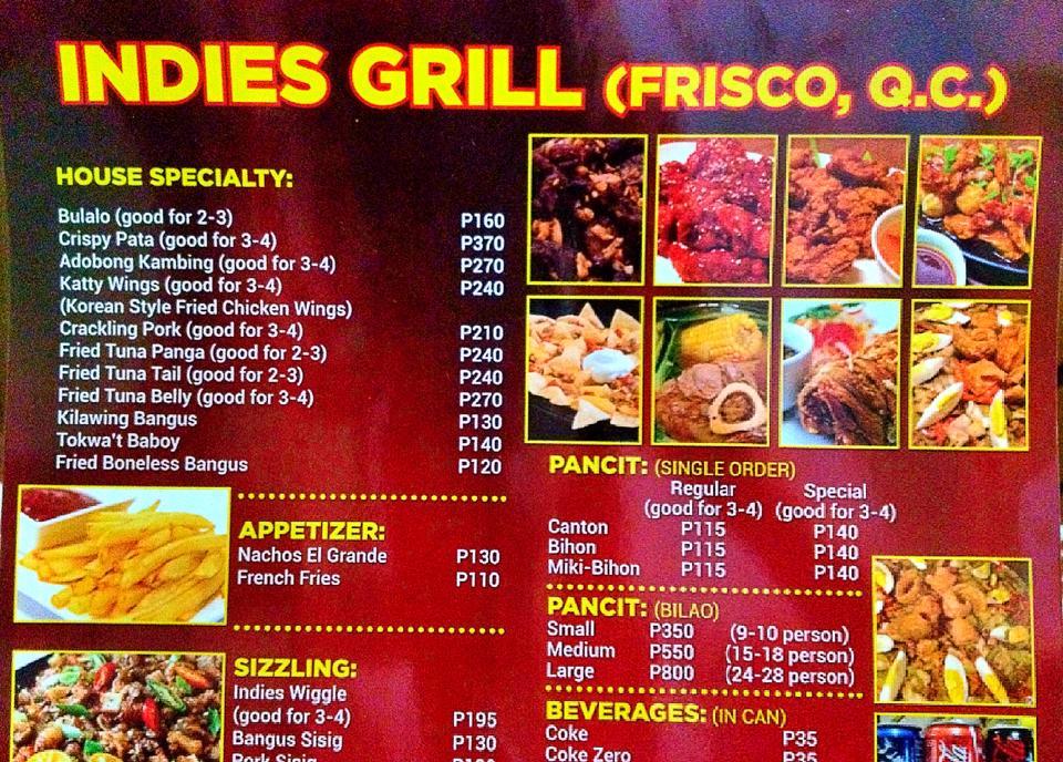 Menu at Indies grill pub & bar, Quezon City
