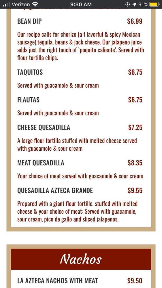 Menu at La Azteca restaurant, Petaluma