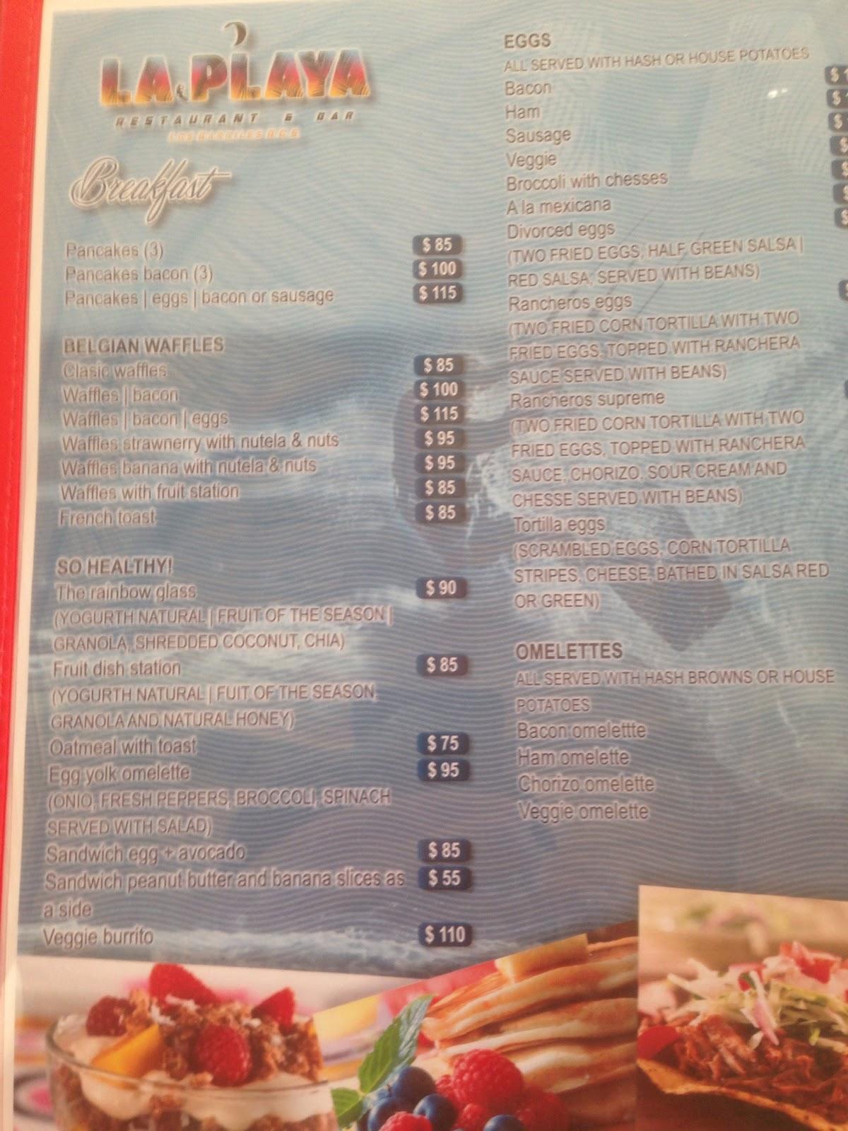 Menu at La Playa pub & bar, Los Barriles