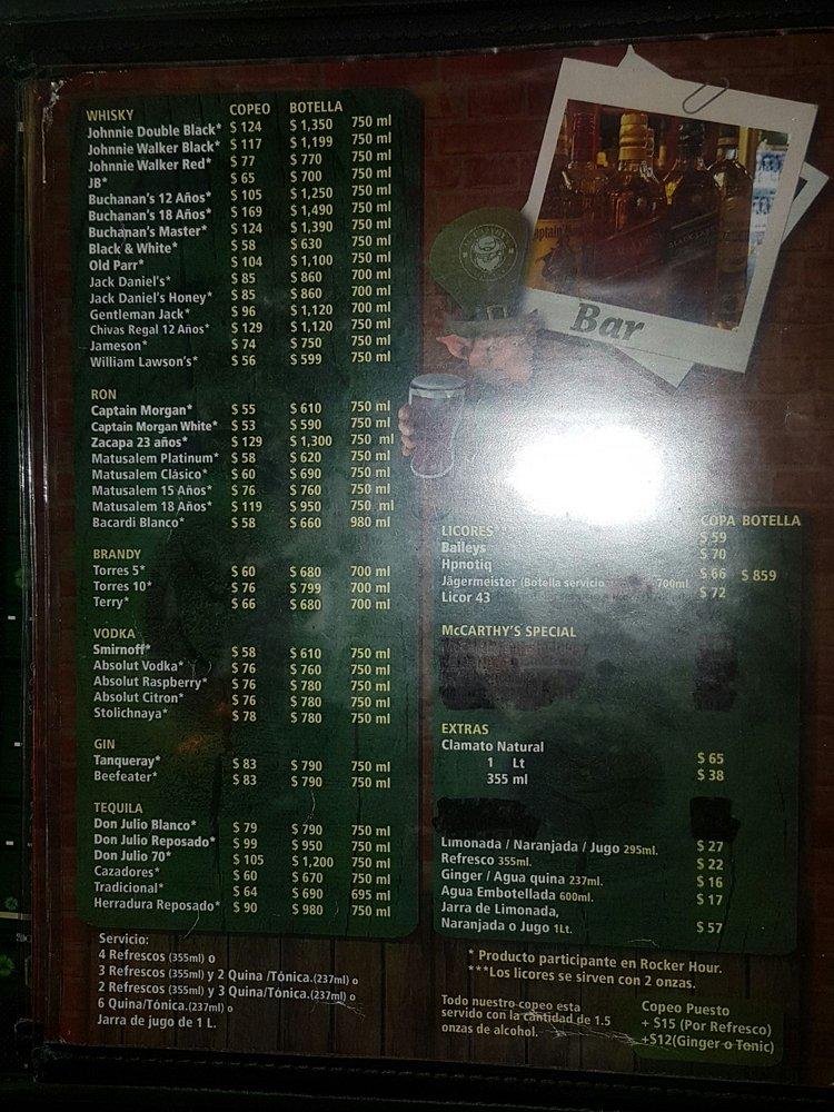 Carta de McCarthy's Irish Pub, Heroica Puebla de Zaragoza, Avenida ...