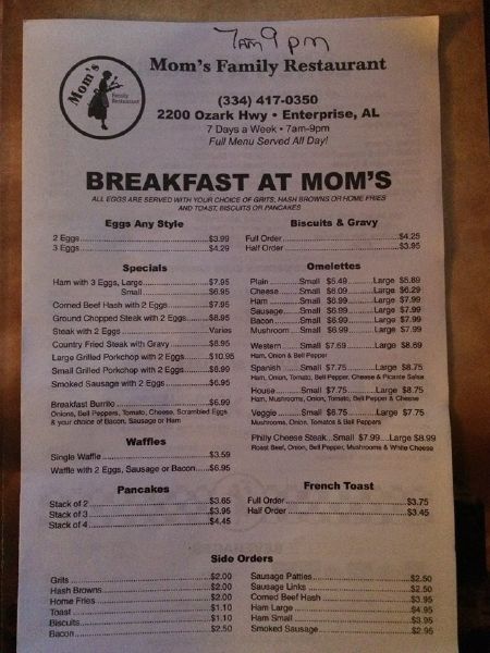 Menu at Mom's Family Restaurant, Enterprise