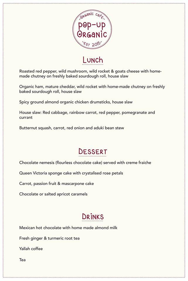 Menu at Pop-Up Organic cafe, Falmouth