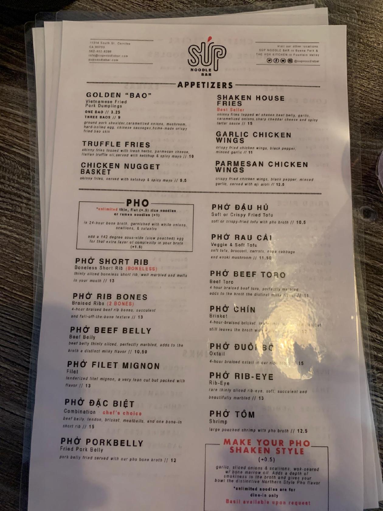 Menu at Súp Noodle Bar Cerritos, Cerritos