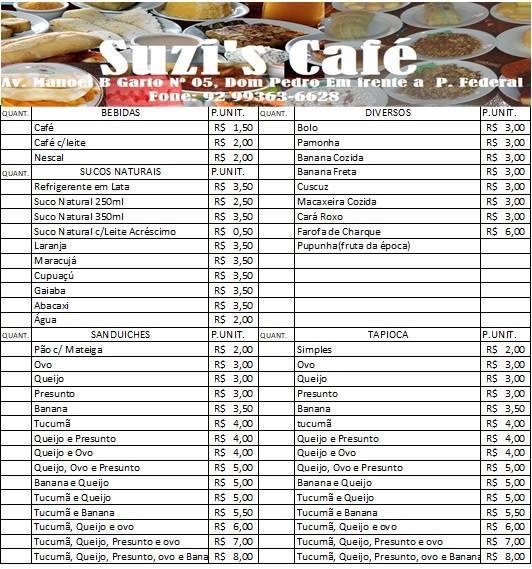 Menu at Suzi's Café, Manaus