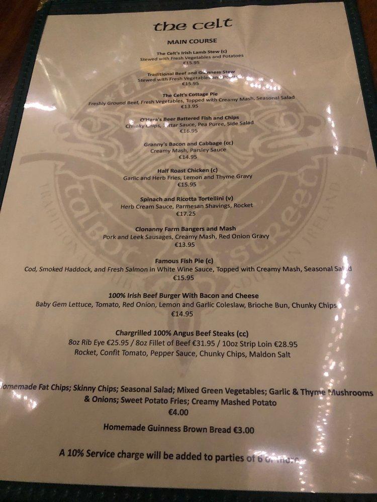 Menu at The Celt pub & bar, Dublin