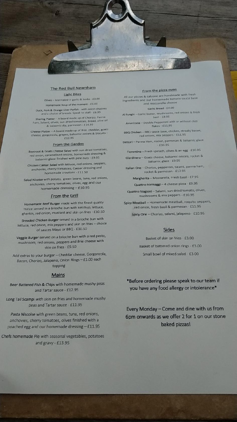 Menu at The Red Bull Newnham pub & bar, Cambridge