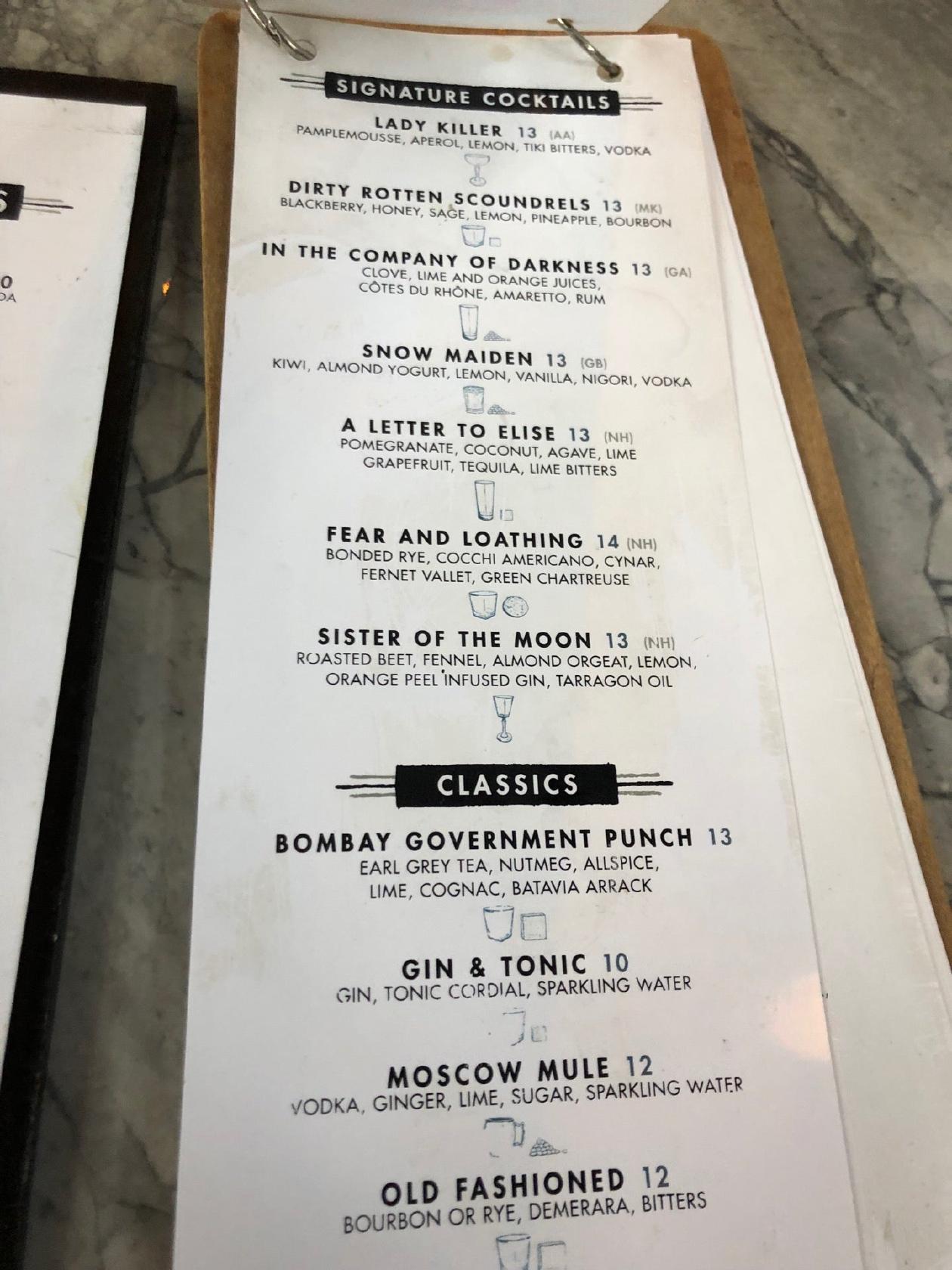 Menu at Ice Plant Bar, St. Augustine