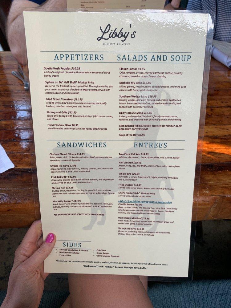 Menu at Libby’s Southern Comfort restaurant, Covington