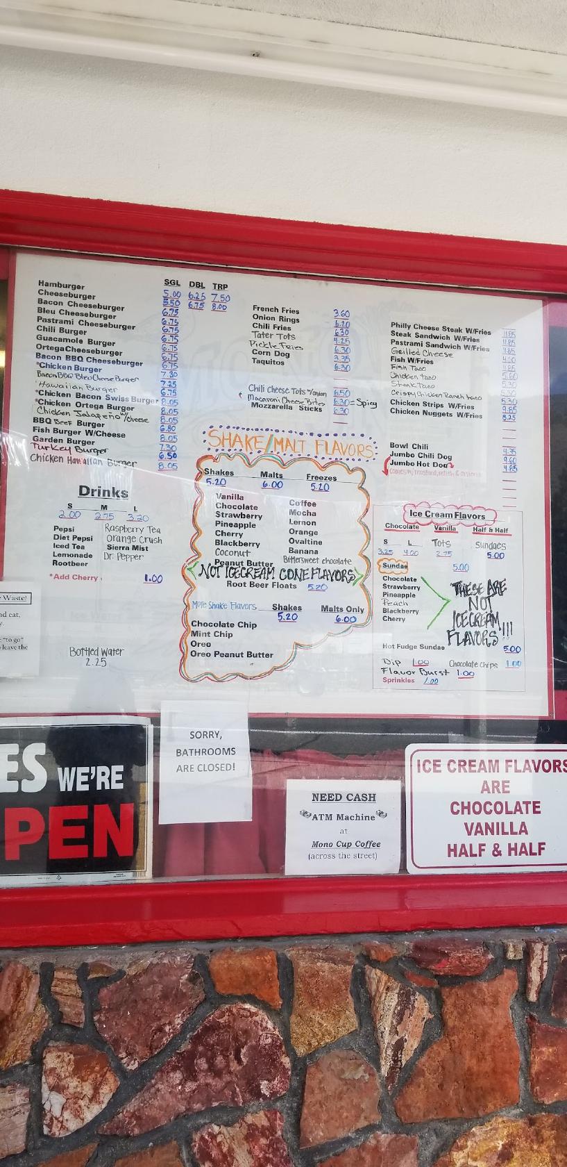 Menu at Mono Cone fast food, Lee Vining