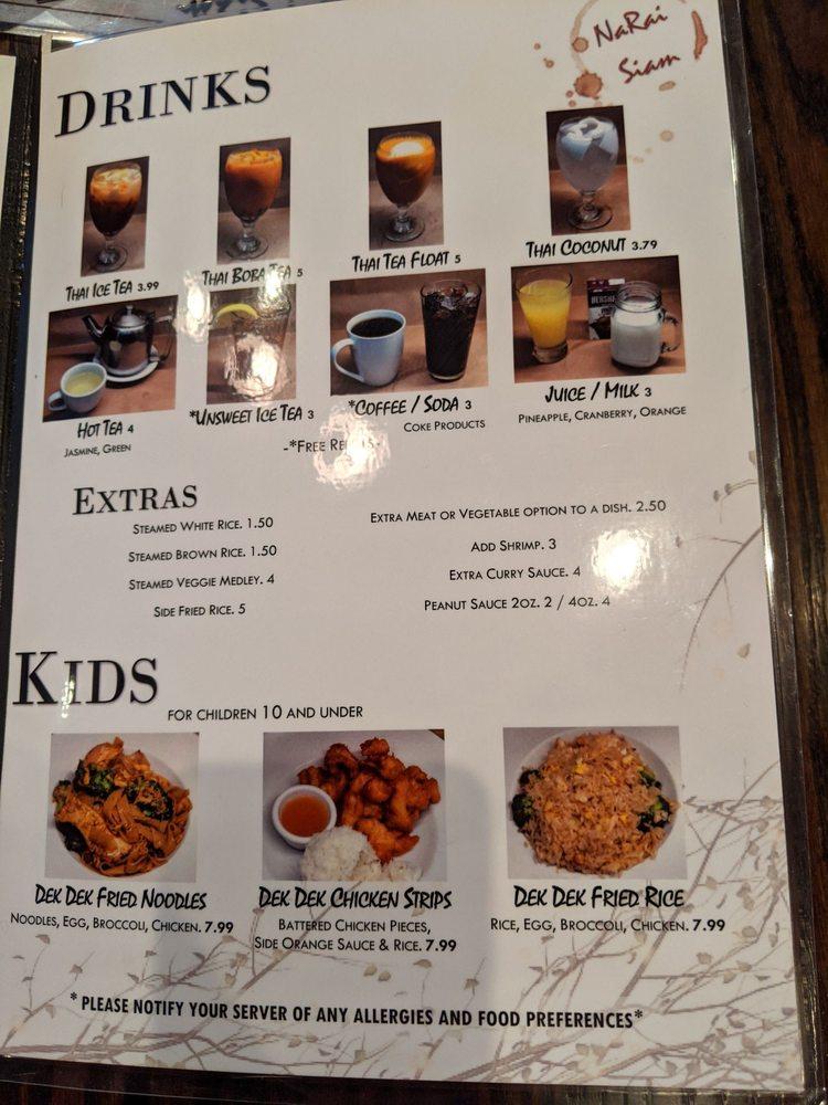 Menu at NaRai Siam Cuisine restaurant, Colorado Springs