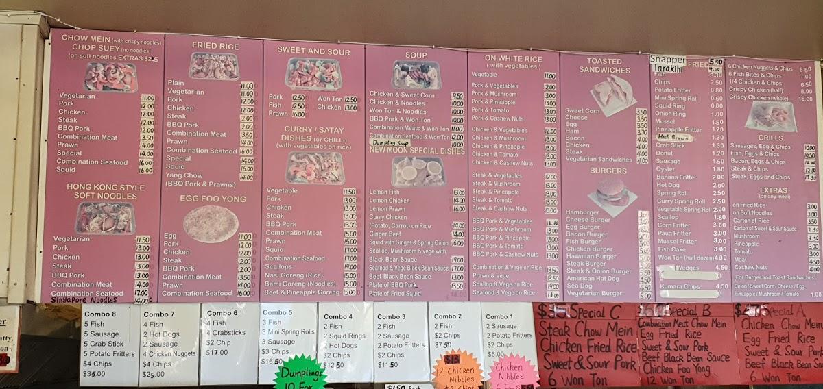 Menu at New Moon Takeaway restaurant, Auckland