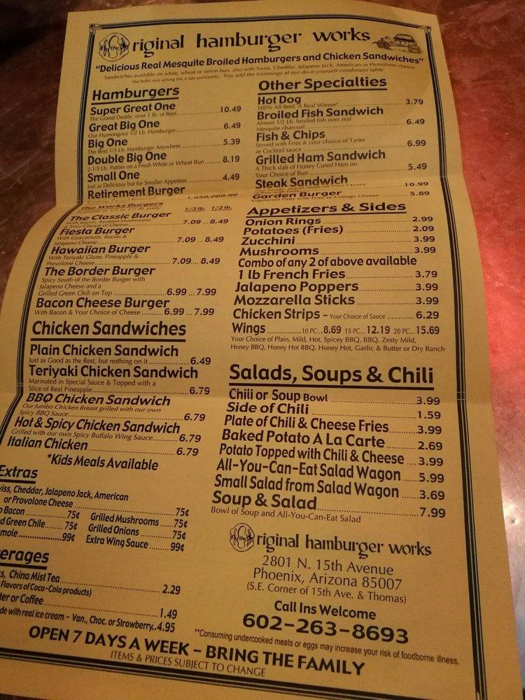 Carta del pub y bar Original Hamburger Works, Phoenix