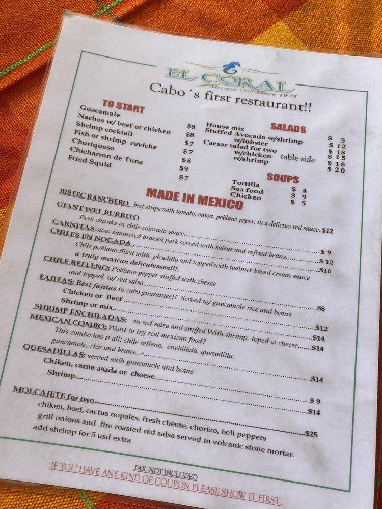 Menu at Restaurante El Coral, Cabo San Lucas