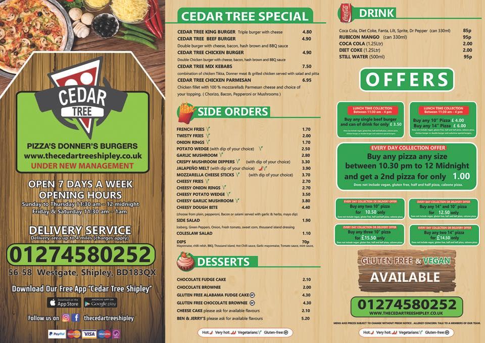 Menu at The Cedar Tree fast food, Shipley