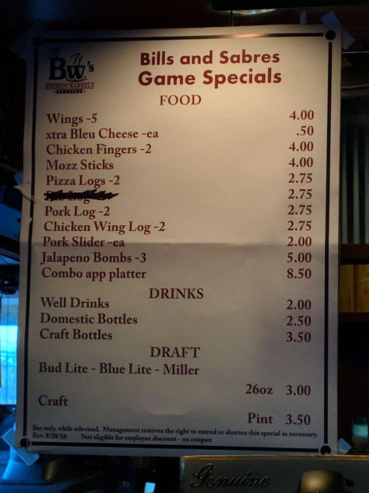 Menu at BW's Smokin' Barrels Barbecue, Blasdell