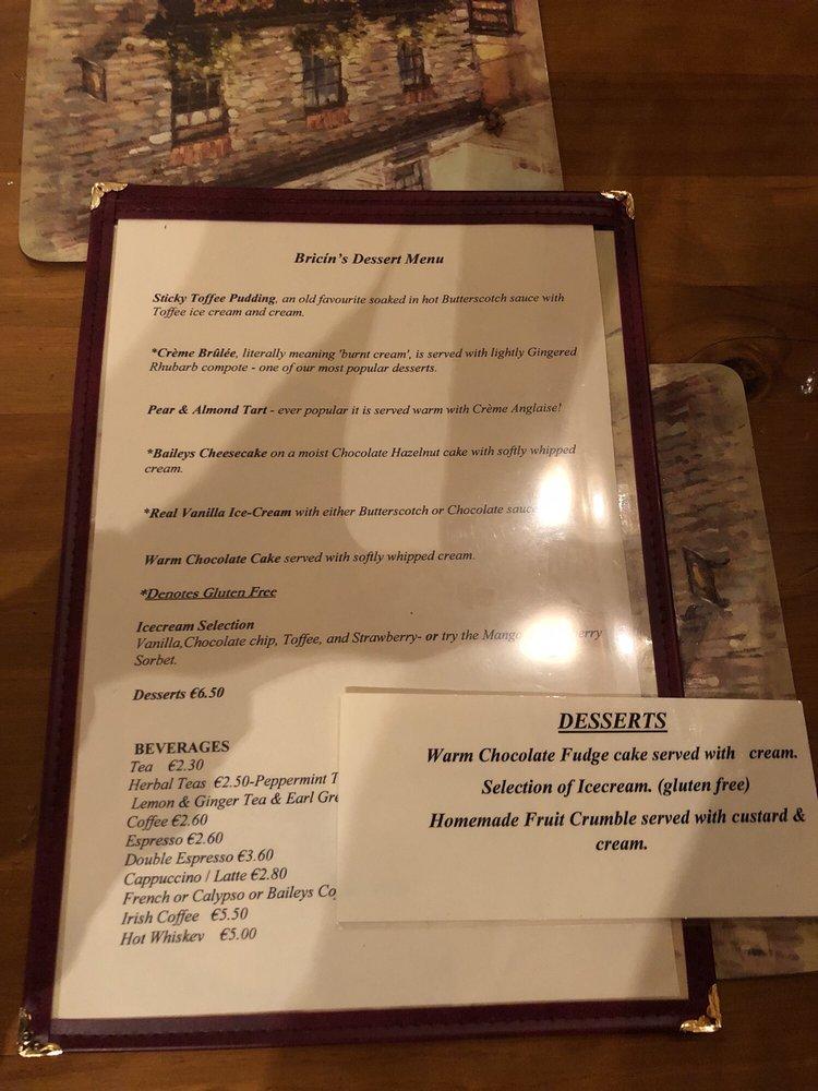 Menu at Bricín Restaurant and Boxty House, Killarney