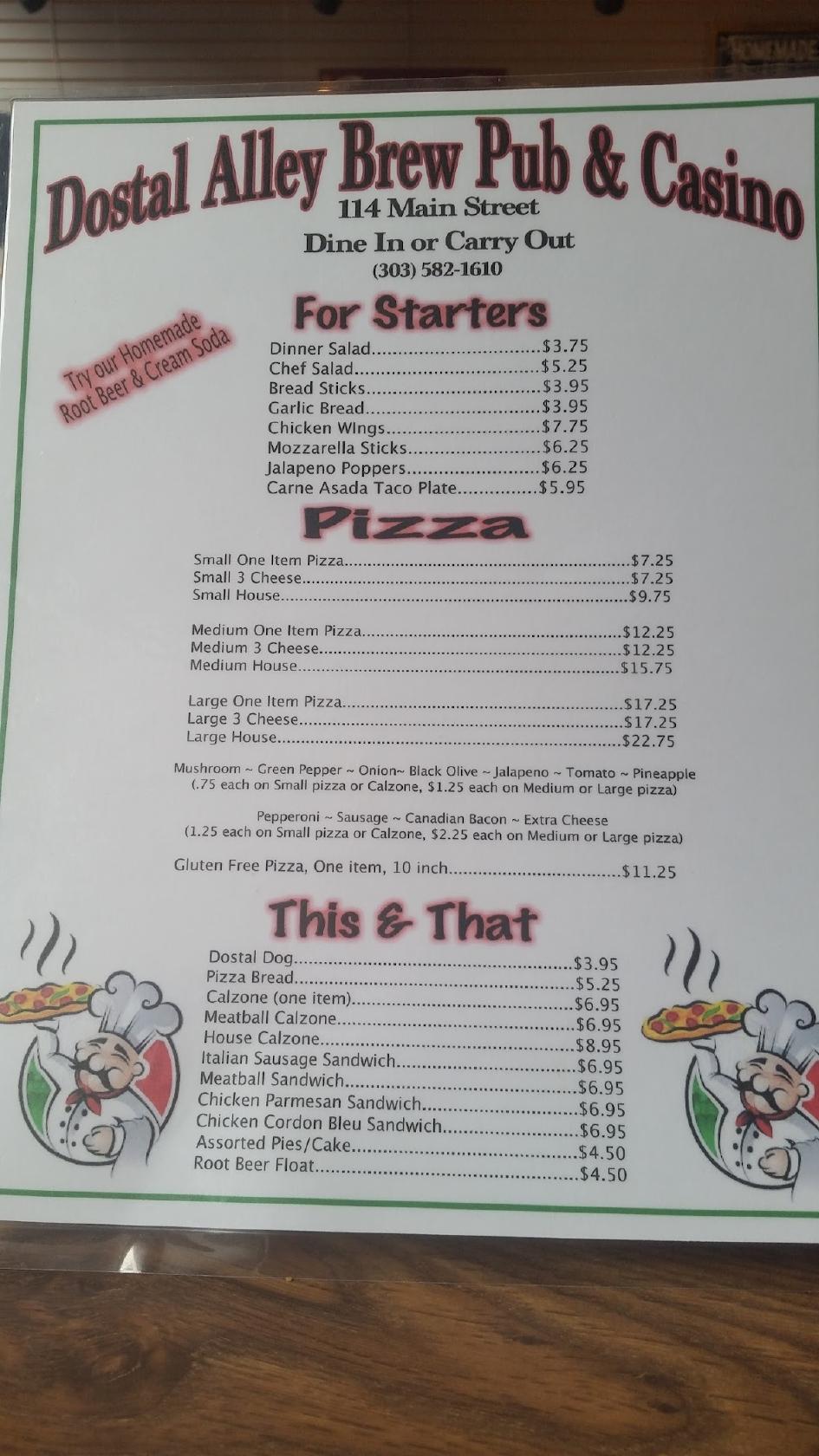 Menu at Dostal Alley Casino & Brew Pub, Central City