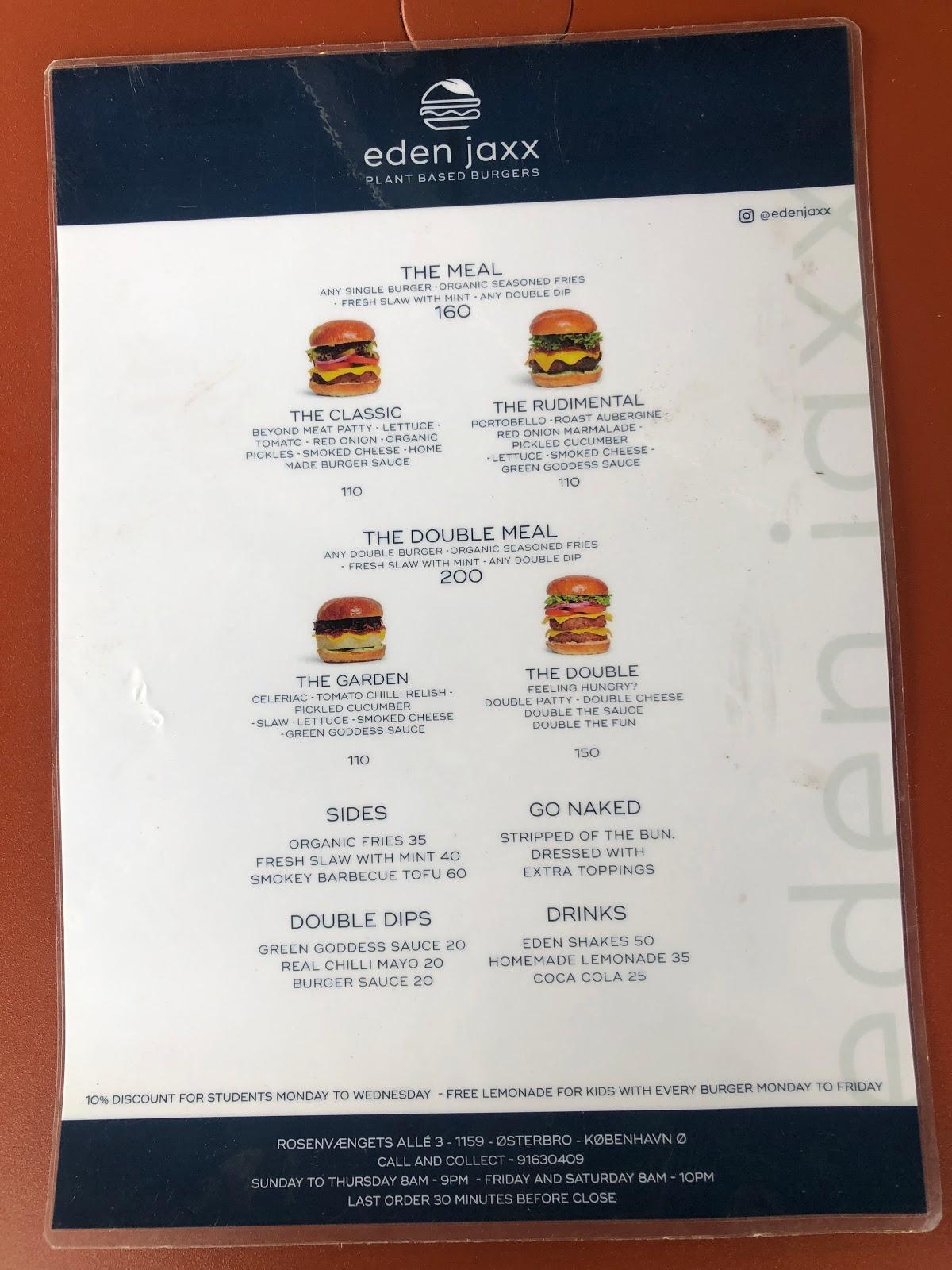 Menu at eden jaxx restaurant, Copenhagen, Rosenvængets Allé 3