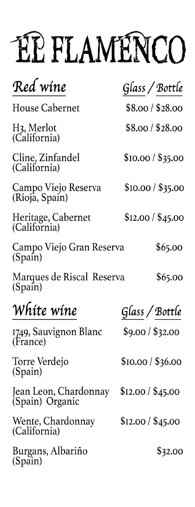Menu at El Flamenco Cabaret, Santa Fe