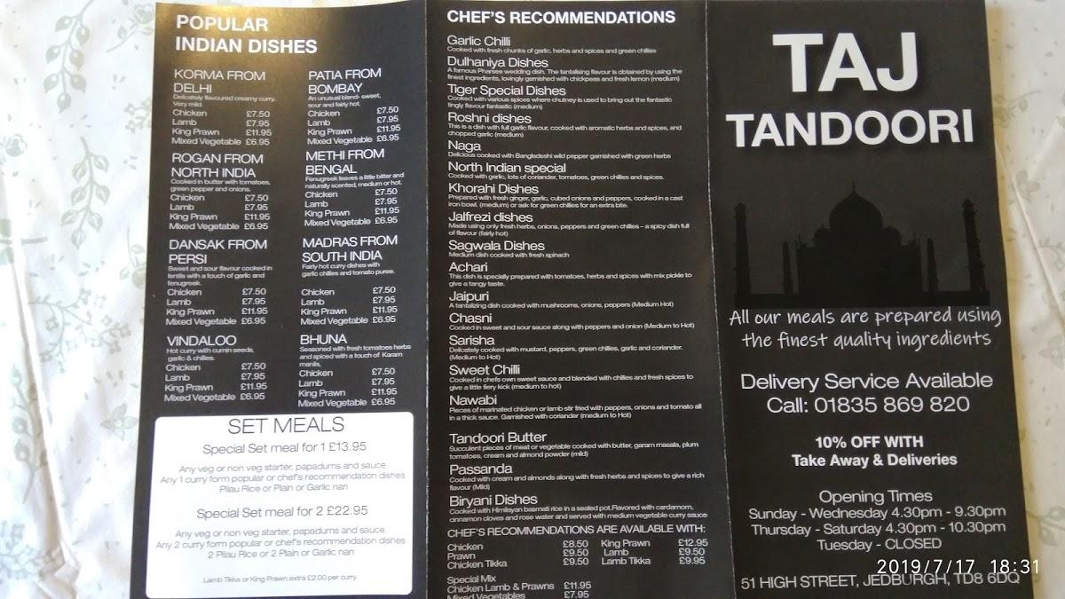 Menu at Taj Tandoori Jedburgh restaurant, Jedburgh