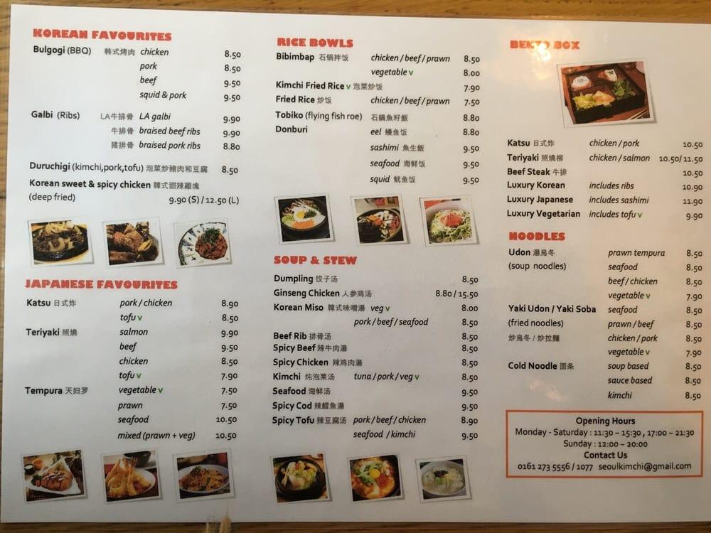 Menu at Seoul Kimchi restaurant, Manchester