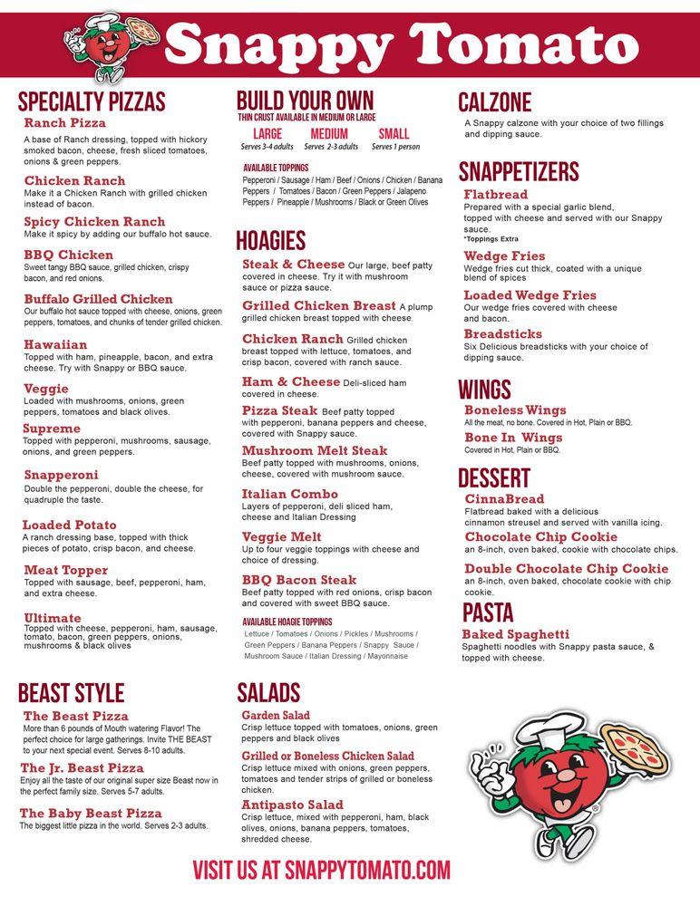 Menu at Snappy Tomato Pizza pizzeria, Bright, Jamison Dr