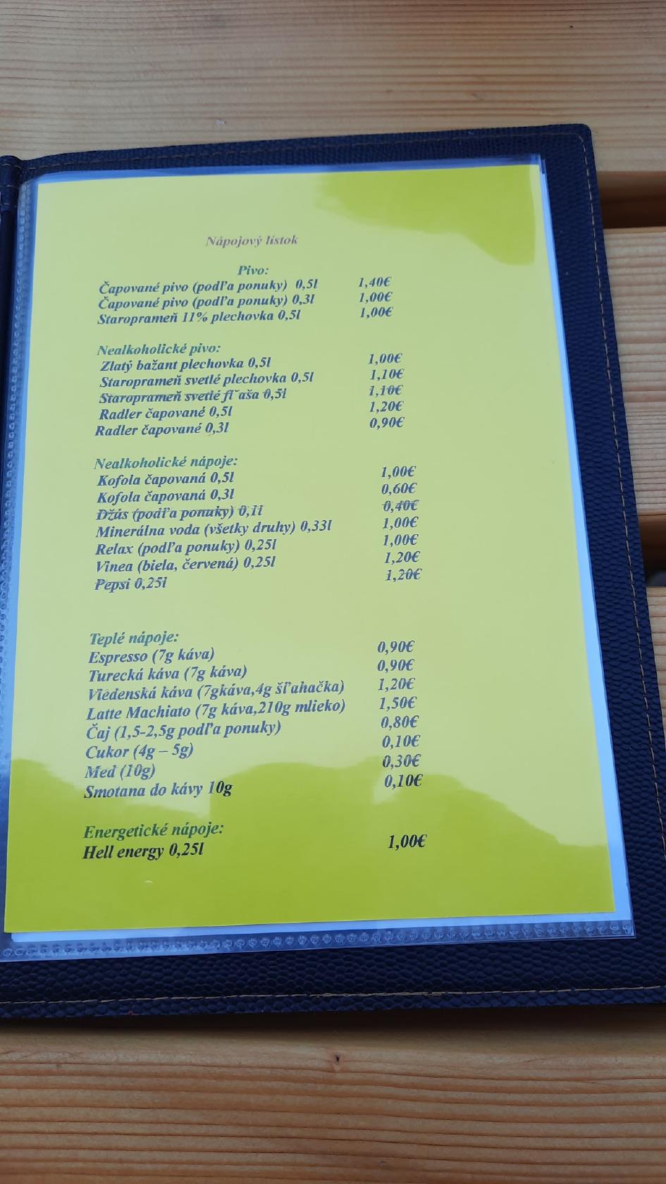 Menu at Soós Farm Reštaurácia restaurant, Slovakia