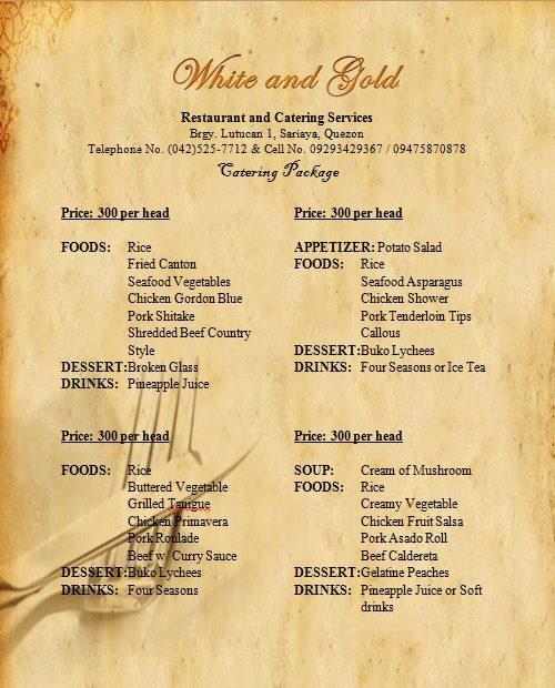Menu at WHITE and GOLD Restaurant, Sariaya