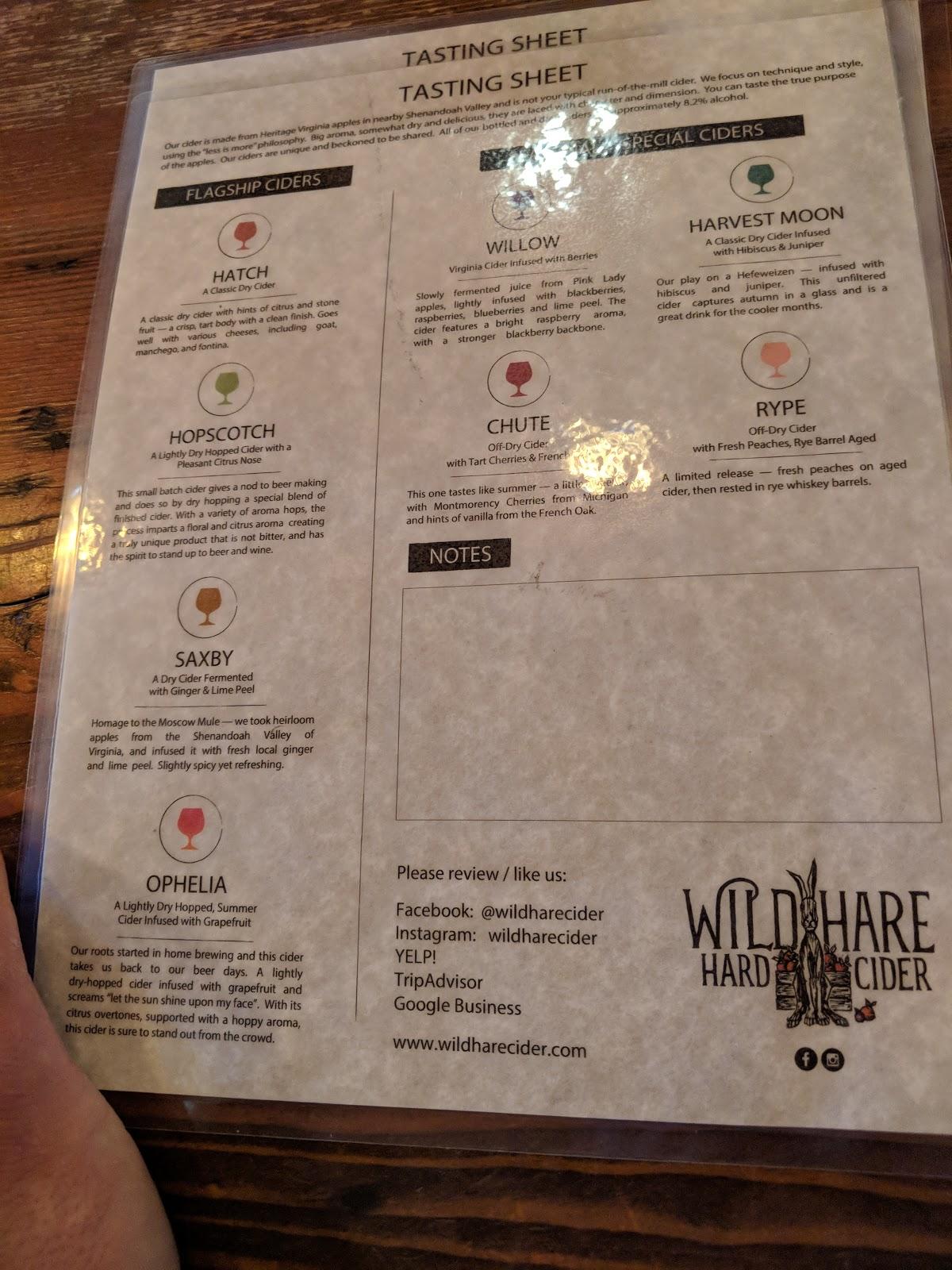 Carta del pub y bar Wild Hare Cider, Leesburg