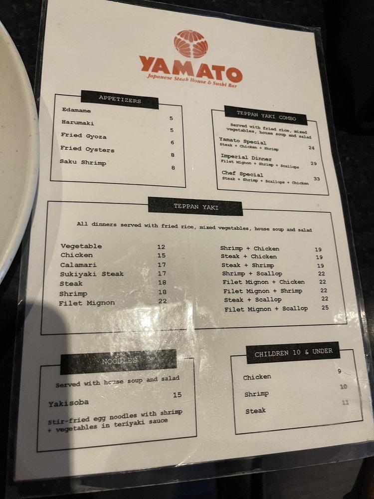 Menu at Yamato Japanese Restaurant, Gainesville