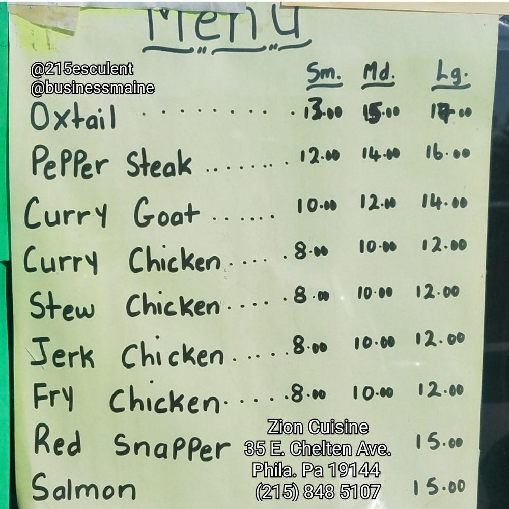 Menu at Zion's Cuisine restaurant, Philadelphia, 35 E Chelten Ave