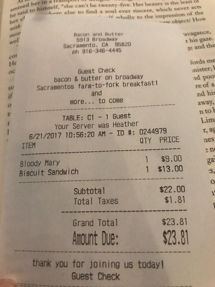 Menu at Bacon & Butter restaurant, Sacramento, Broadway
