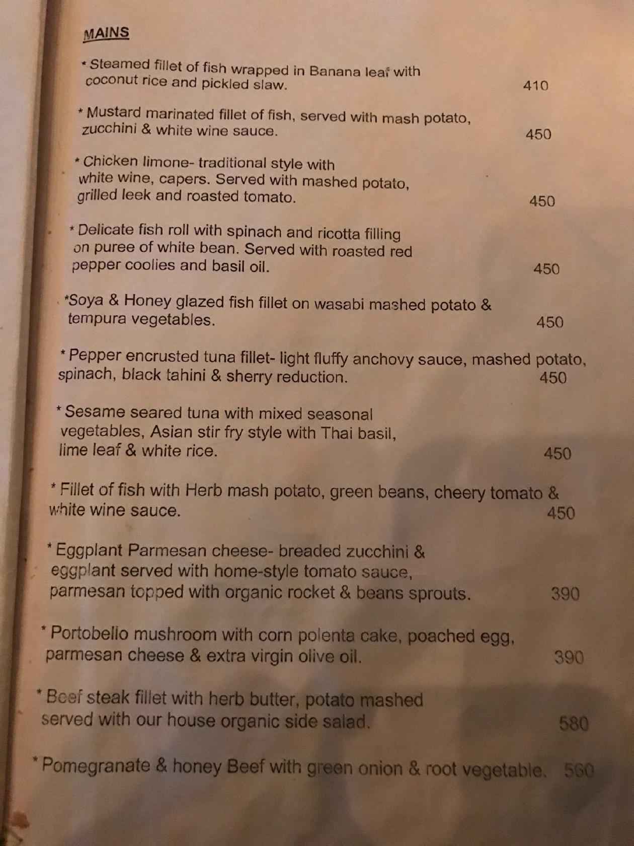Menu at Cafe NU, Mandrem