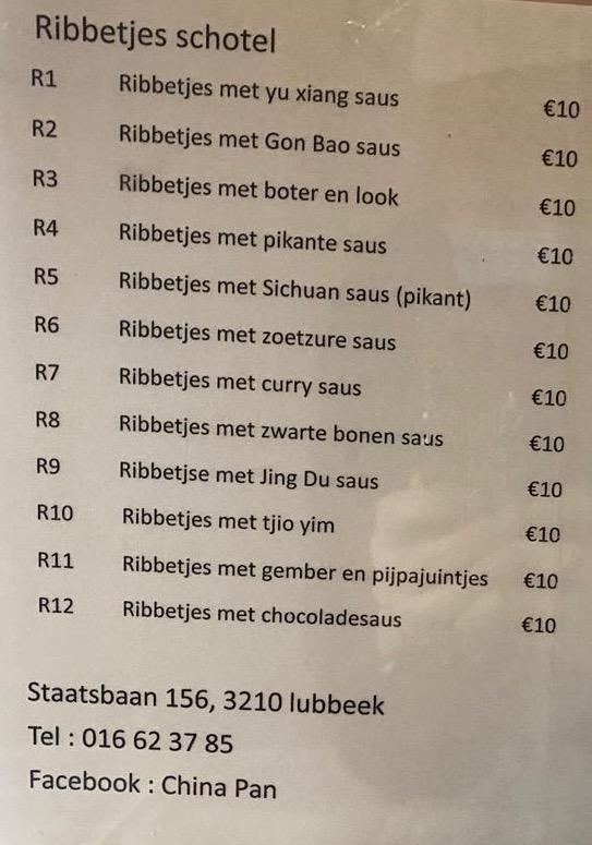 Menu at China Pan, Lubbeek, Staatsbaan 156