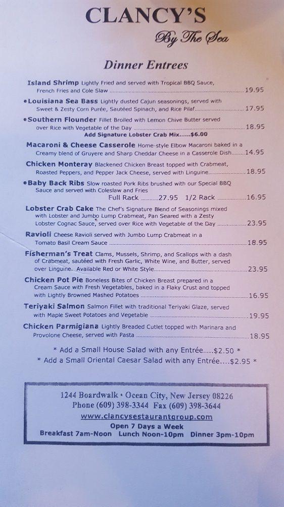 Menu at Clancy's by the Sea restaurant, Ocean City