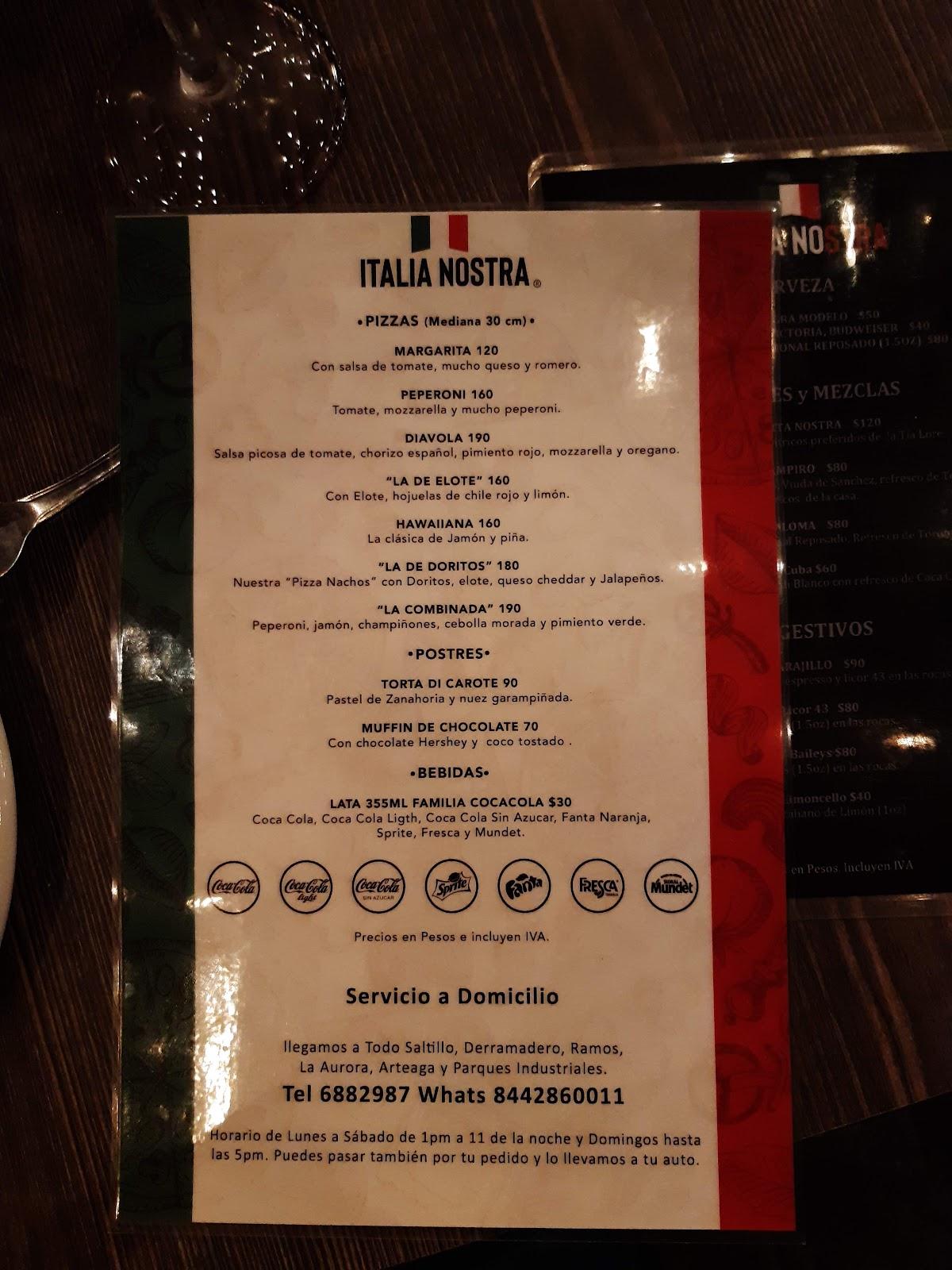 Menu at Italia Nostra restaurant, Saltillo