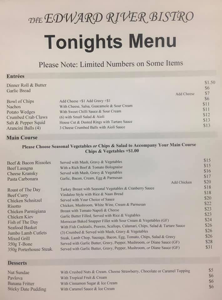 Menu at Moulamein Bowling Club, Moulamein