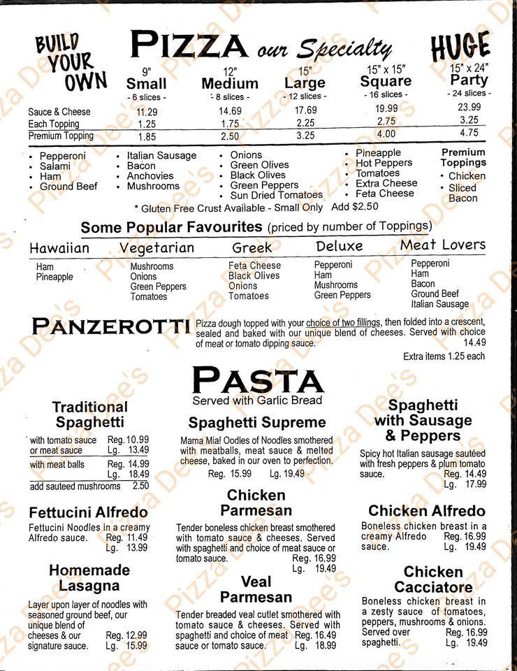 Menu at Pizza Dee's pizzeria, Wasaga Beach