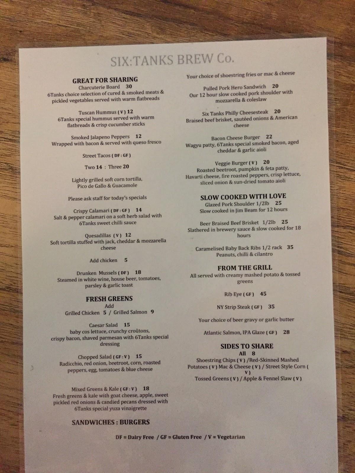 Menu at Six Tanks Brew Pub, Darwin City