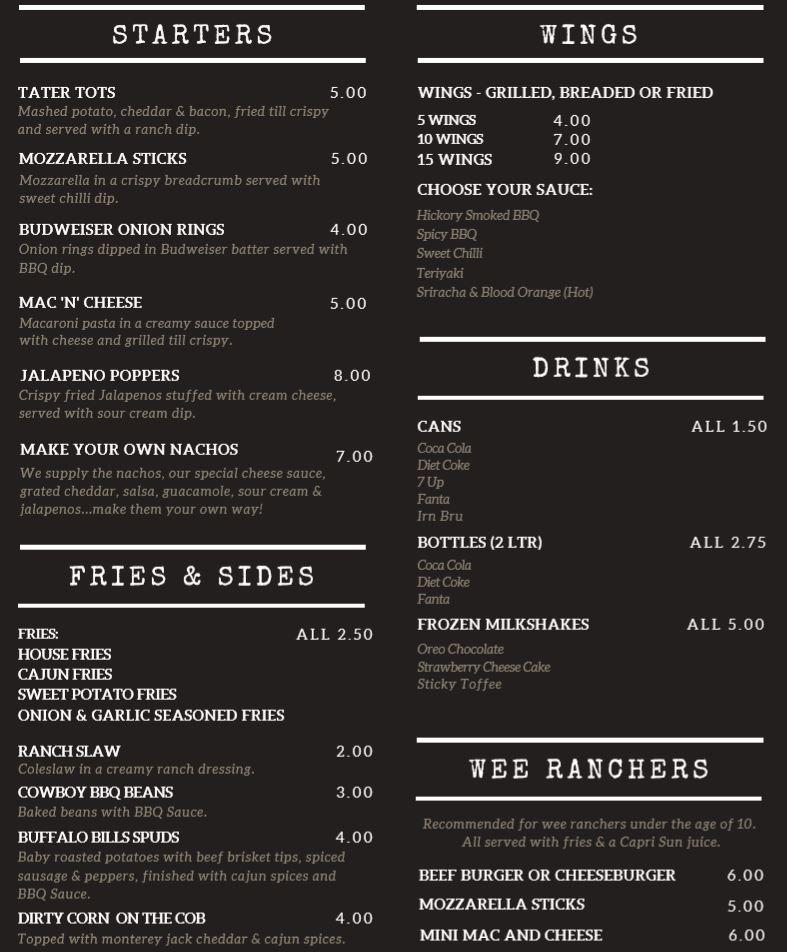 Menu at The Ranch Sighthill BBQ, Edinburgh, 12 Bankhead Ave