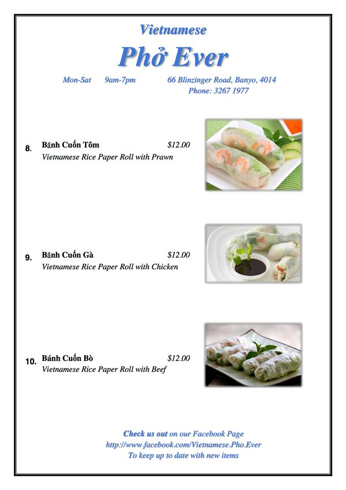 Menu at Vietnamese Pho Ever restaurant, Banyo