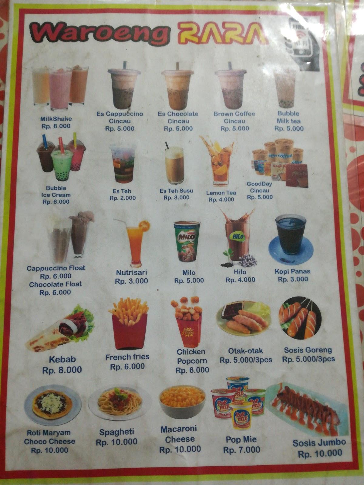 Menu at Waroeng Rara restaurant, West Jakarta